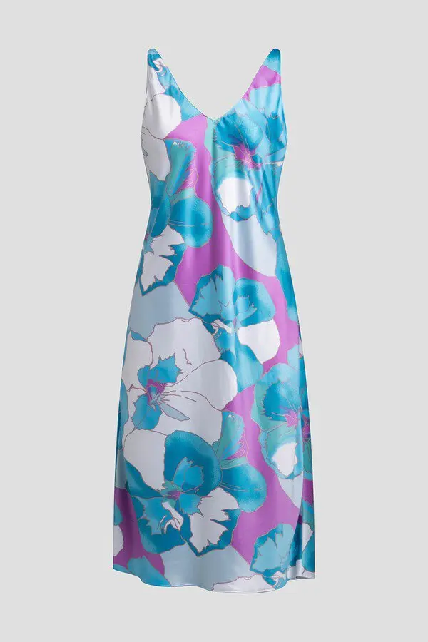 Natori Floria Printed Satin Slip Dress - Blue