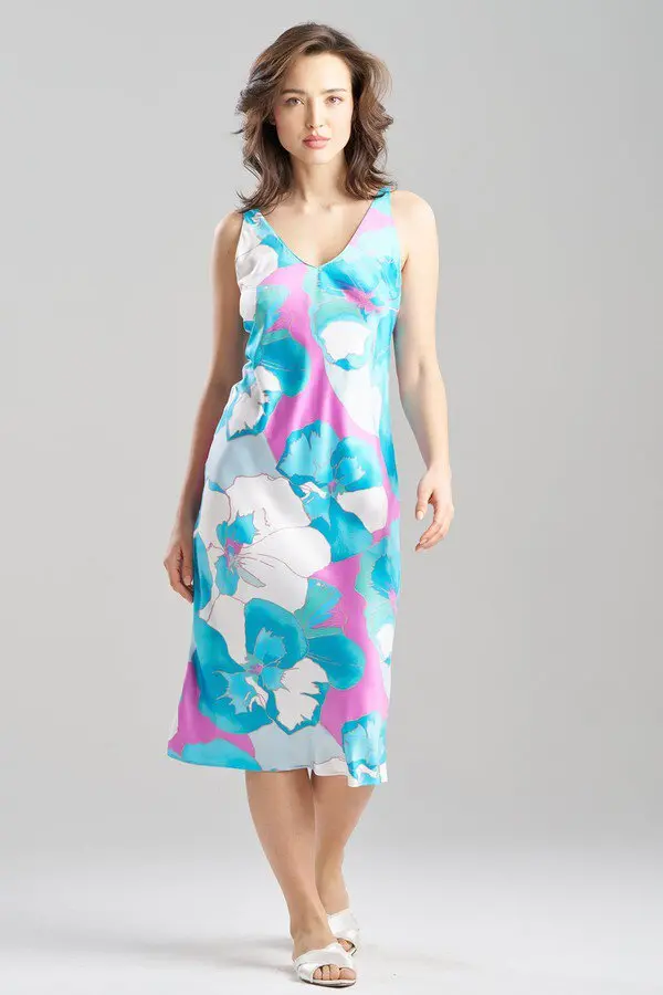 Natori Floria Printed Satin Slip Dress - Blue