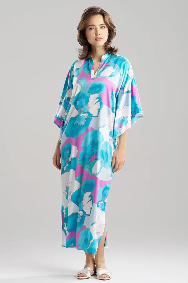 Natori Floria Printed Satin Mandarin Collar Caftan - Blue