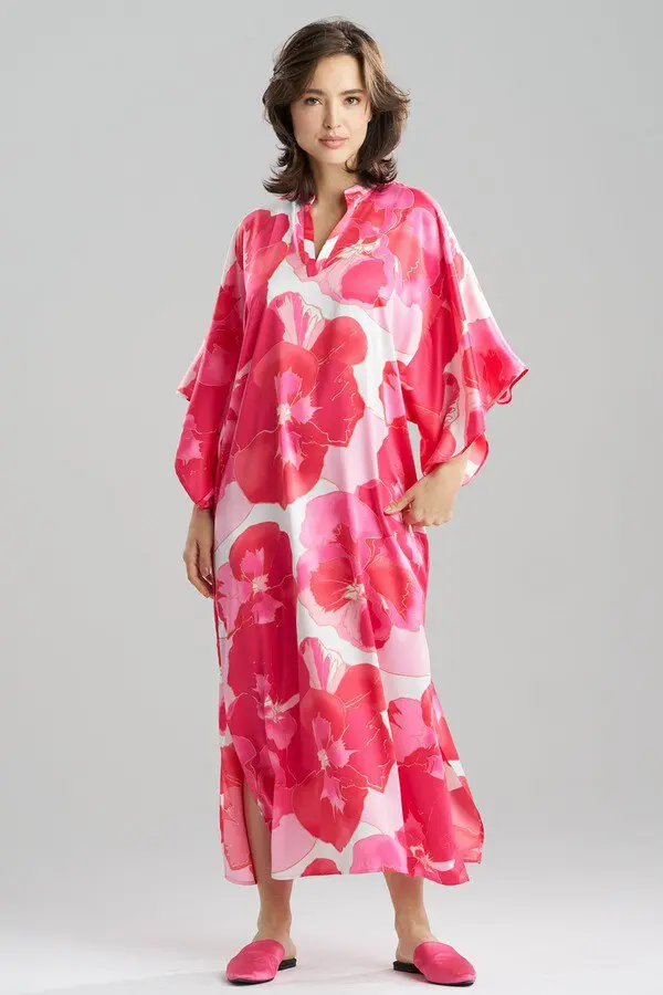 Natori Floria Printed Satin Mandarin Collar Caftan - Pink