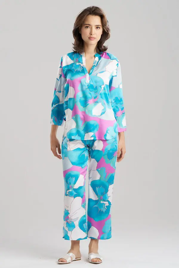 Natori Floria Printed Satin Mandarin Pj Set - Blue