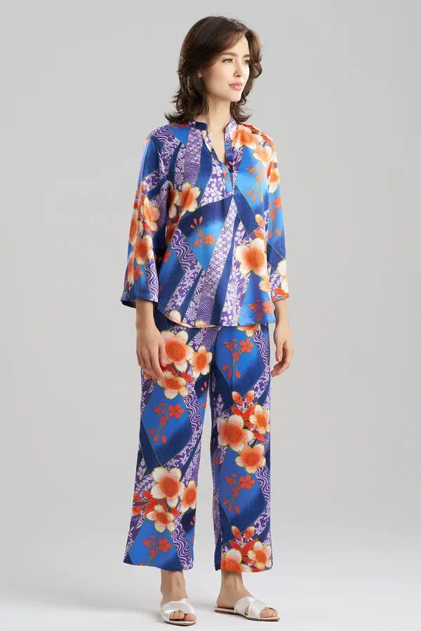 Natori Magnolia Printed Satin Mandarin Pj Set - Blue