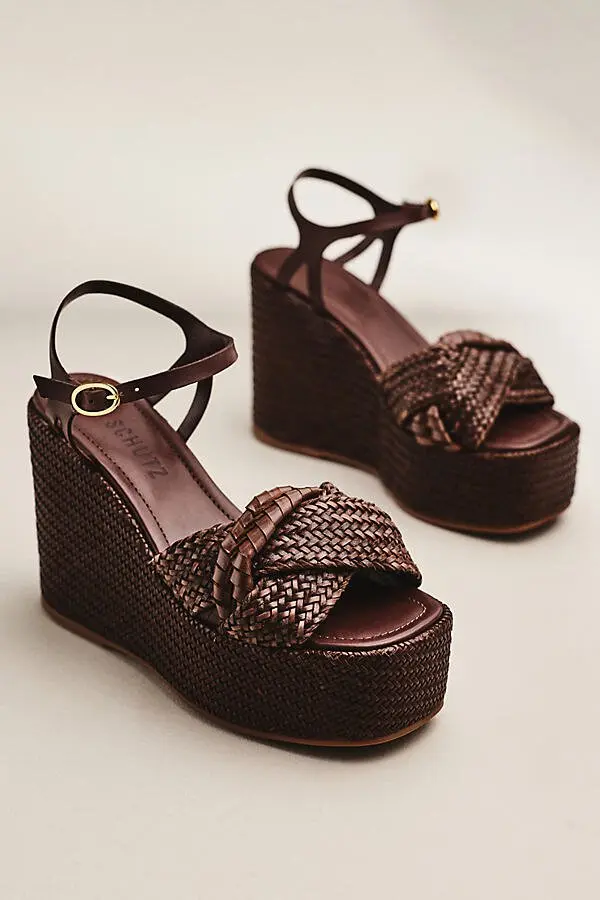 Schutz Serena Woven Platform Wedge Sandals - Root Brown
