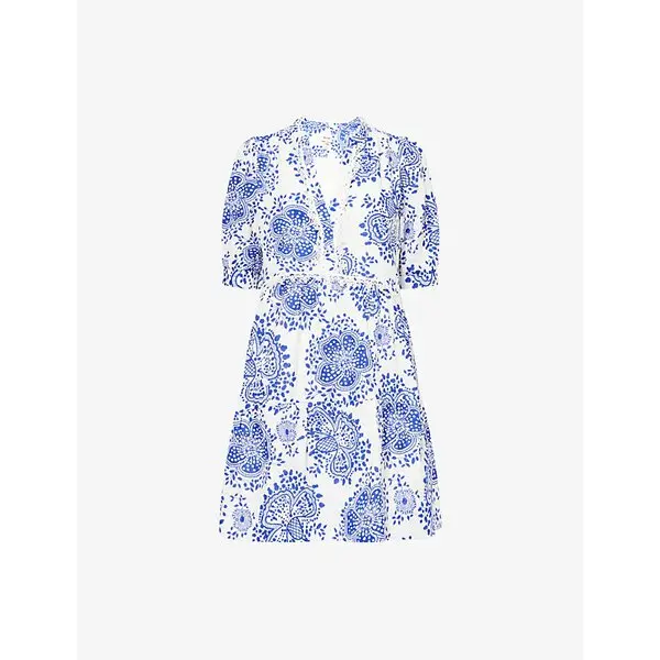 ME+EM Floral Lace-trim Cotton Mini Dress - Soft White/blue