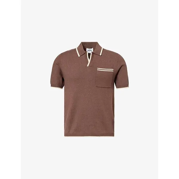 NOBL Emerson Open-collar Knitted Polo Top - Brown & Stone