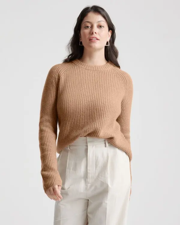Quince Mongolian Spring Cashmere Fisherman Crewneck Sweater - Camel