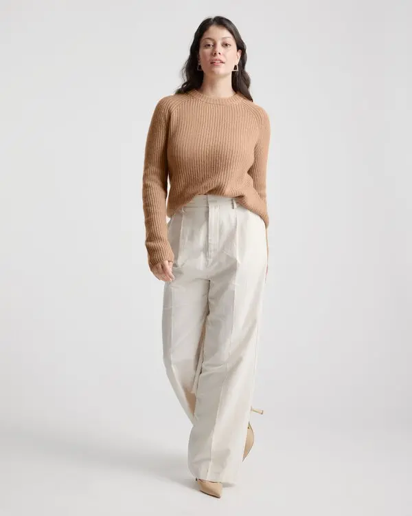 Quince Mongolian Spring Cashmere Fisherman Crewneck Sweater - Camel