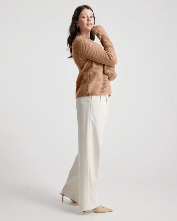 Quince Mongolian Spring Cashmere Fisherman Crewneck Sweater - Camel