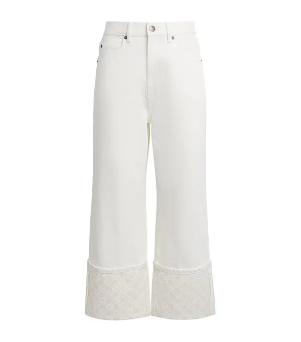 Tory Burch Contrast-cuff Cropped Straight Jeans - White