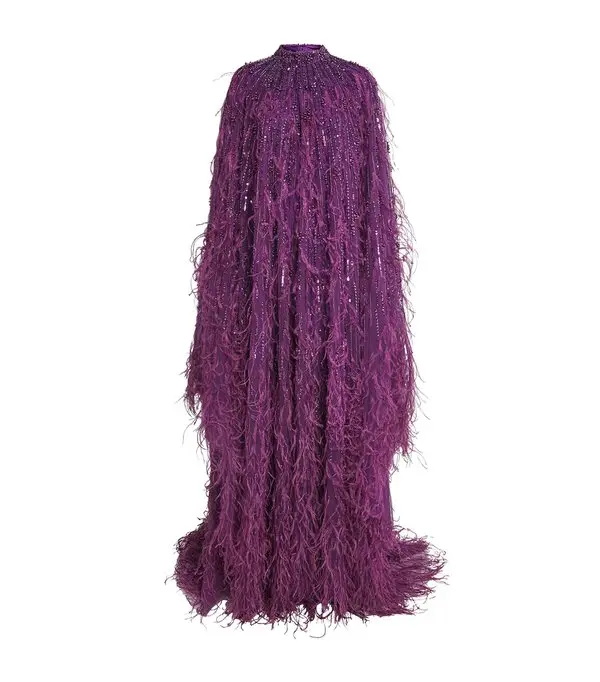 Pamella Roland Tulle Embellished Feather-trim Gown - Purple