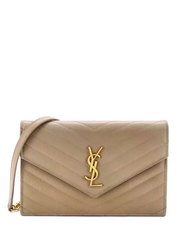 Saint Laurent Classic Monogram Wallet On Chain Matelasse Chevron Leather Small Crossbody Bag - Neutrals