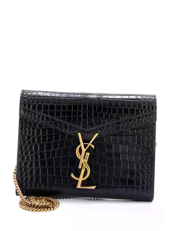Saint Laurent Cassandra Chain Crocodile Embossed Leather Shoulder Bag - Black