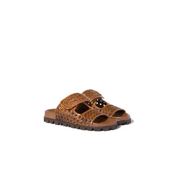 Miu Miu Woven Leather Sandals - Cognac
