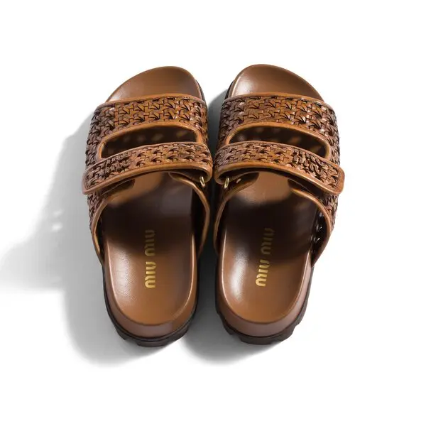 Miu Miu Woven Leather Sandals - Cognac