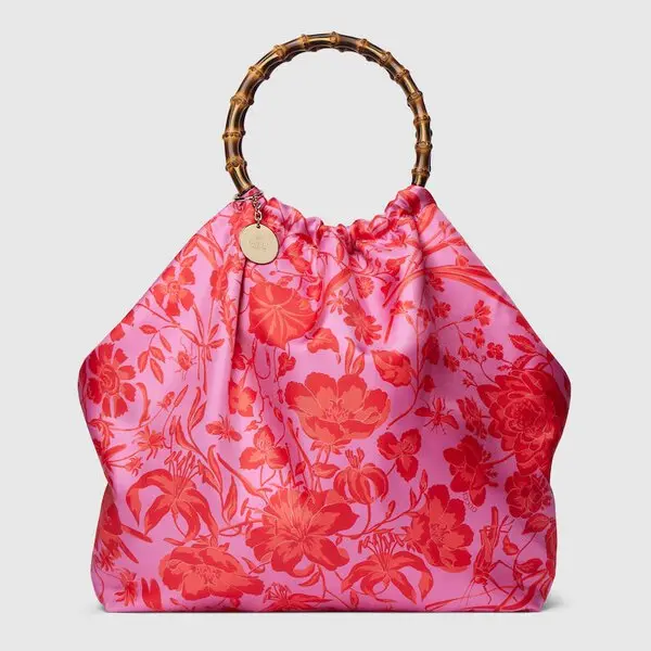 Gucci Silk Maxi Tote Bag With Bamboo Handle - Red