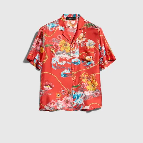 Gucci Printed Silk Twill Bowling Shirt - Red