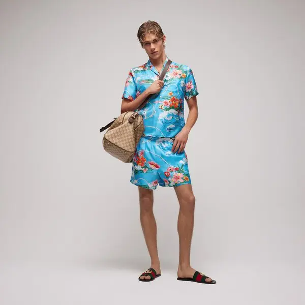 Gucci Printed Silk Twill Bowling Shirt - Blue
