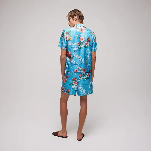 Gucci Printed Silk Twill Bowling Shirt - Blue