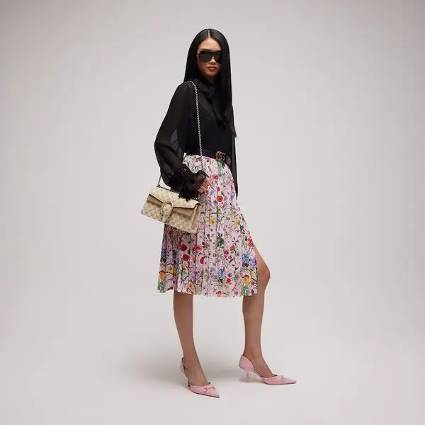 Gucci Printed Silk Pleated Midi Skirt - Pink