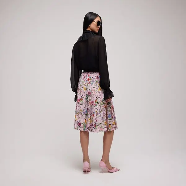 Gucci Printed Silk Pleated Midi Skirt - Pink