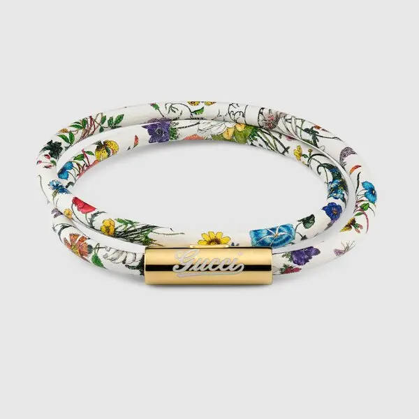 Gucci Leather Double Bracelet With Script And Flora Motif - Gold-toned Metal