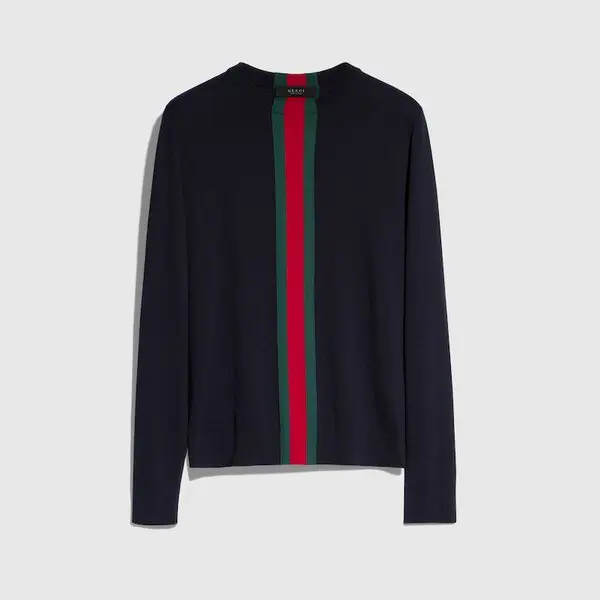 Gucci Knit Cotton Sweater With Web Intarsia - Blue