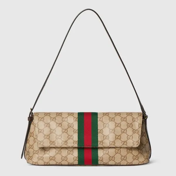 Gucci Medium Shoulder Bag With Web And Gg Canvas - Beige