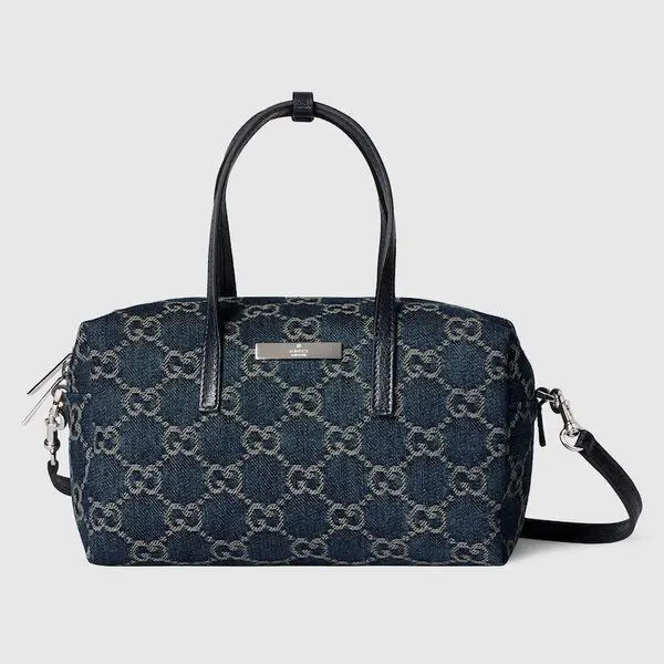 Gucci Small Boston Bag With Plaque Fabric - Blue