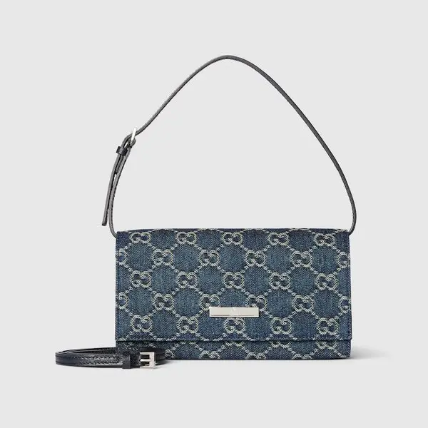 Gucci Small Pouch With Strap And Plaque Fabric - Blue