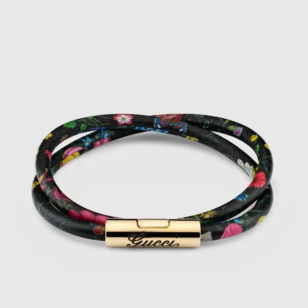Gucci Leather Double Bracelet With Script And Flora Motif - Gold-toned Metal