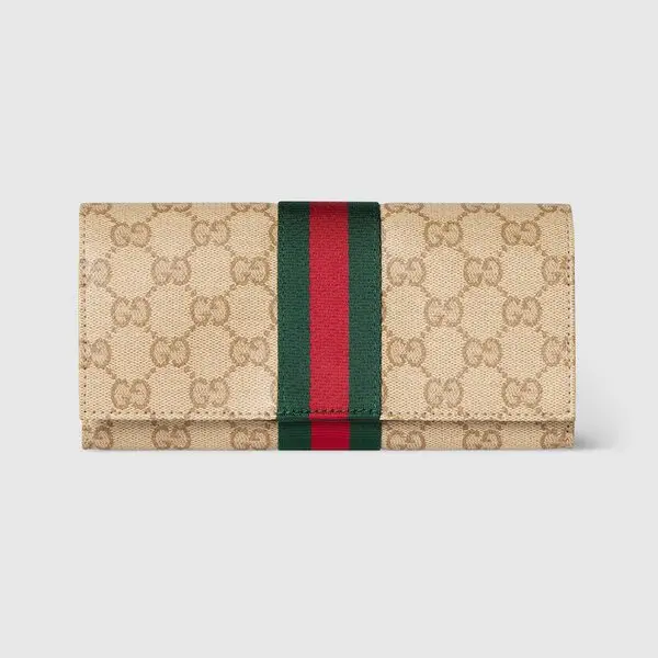 Gucci Long Wallet With Web Gg Canvas - Beige