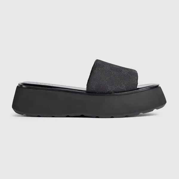 Gucci Gg Canvas Flatform Slide Sandal - Black