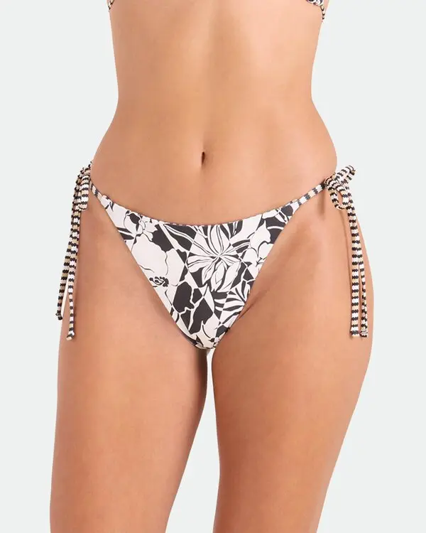 Volcom Hibiscus Diamond Tie Side Full Coverage Reversible Bikini Bottom - Black Ecru