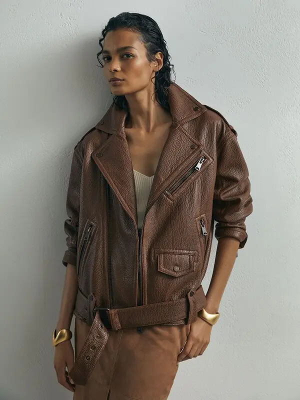 ATELIER Grained-leather Oversized Biker Jacket - Chestnut Brown