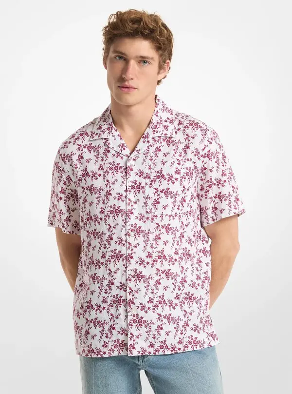 Michael Kors Floral Print Linen Camp Shirt In Size By - White