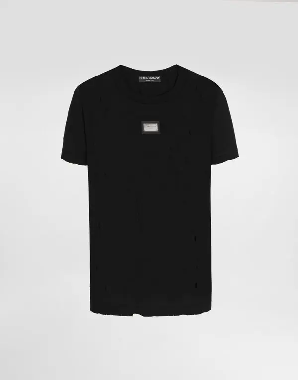 Dolce & Gabbana Jersey T-shirt With Rips And Tag - Black