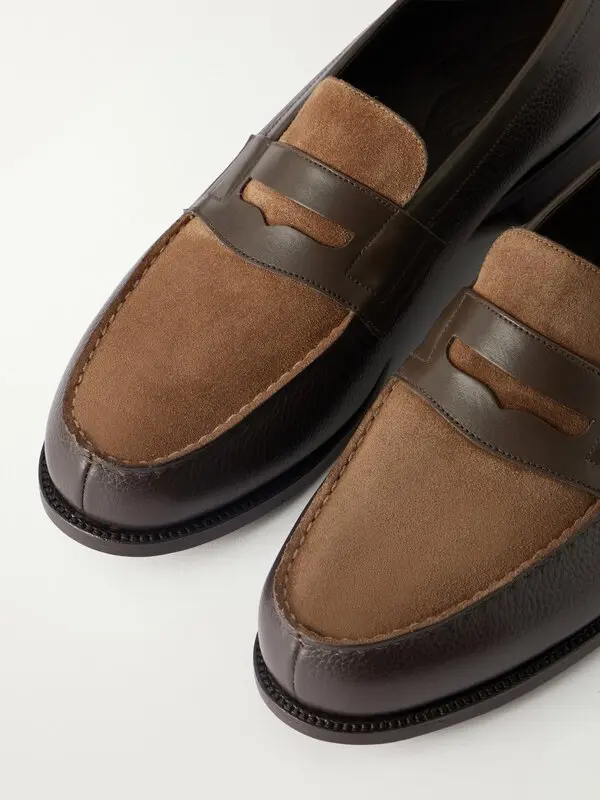 J.M. WESTON 180 Leather-trimmed Suede Penny Loafers - Brown
