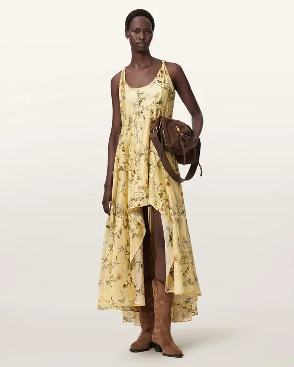 ALLSAINTS Dorina Floral Asymmetric Dress - Carmel Pale Yellow