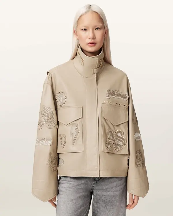 ALLSAINTS Oversized Leather Patch Jacket - Brown