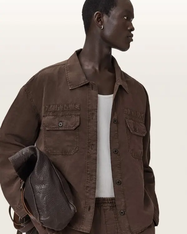 ALLSAINTS Korten Linen Blend Relaxed Fit Shacket - Brown