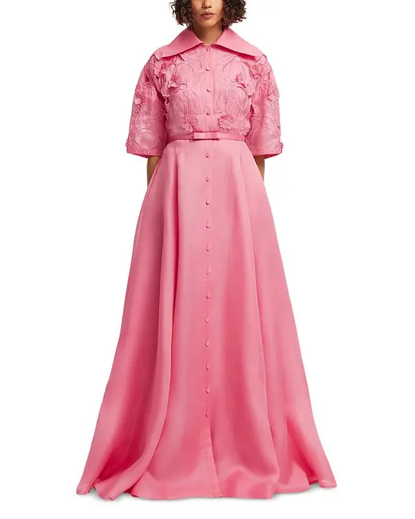 LEO LIN Junia Applique Puff Sleeve Silk Gown - Fuchsia