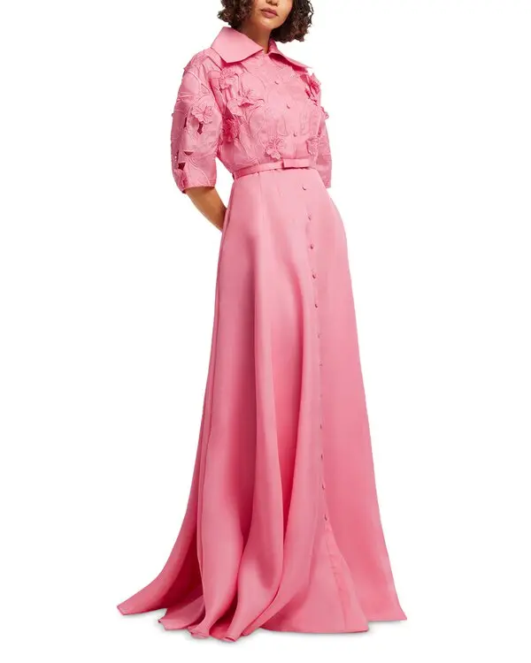 LEO LIN Junia Applique Puff Sleeve Silk Gown - Fuchsia