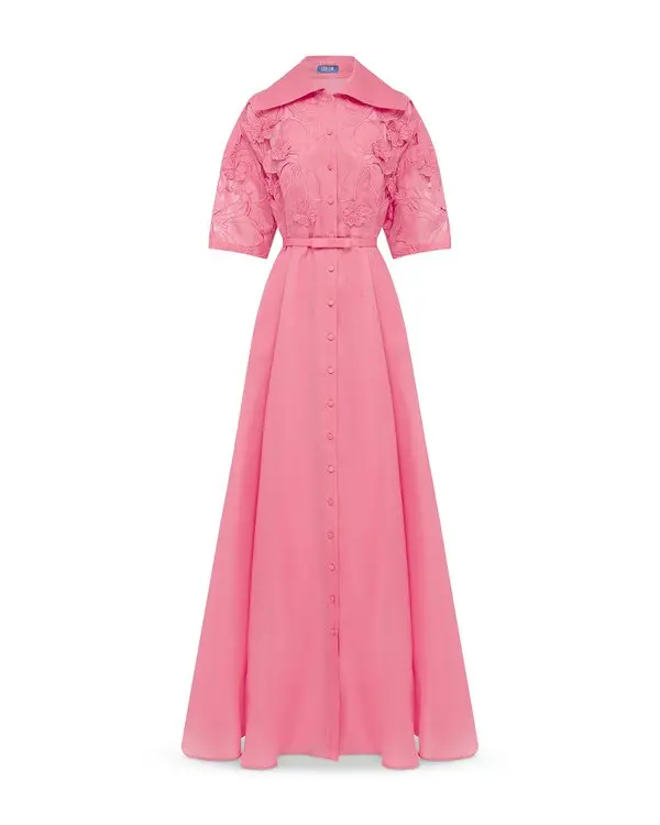 LEO LIN Junia Applique Puff Sleeve Silk Gown - Fuchsia