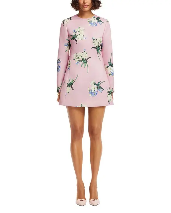 LEO LIN Aliza Long Sleeve Mini Dress - Bouquet Print/pastel Pink