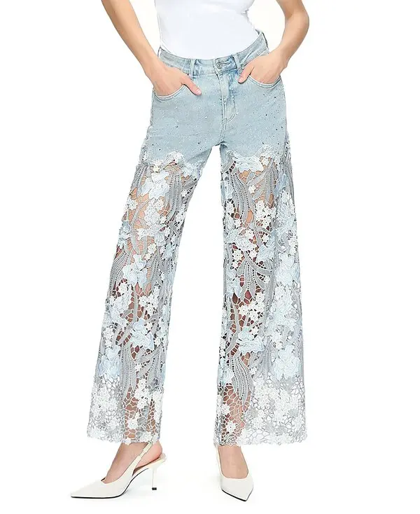 BAYEAS Embroidery Wide Leg Lace Jeans With Rhinestone In Wash - Lesley Blue