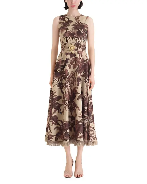 Oscar De La Renta Large Chine Palm Leaves Dress - Espresso/ivory