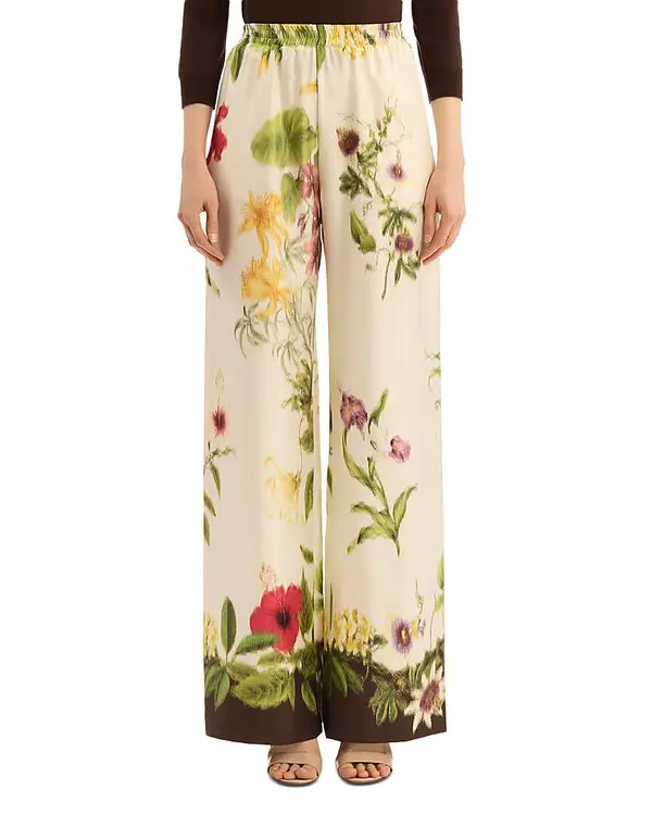 Oscar De La Renta Multi Floral Silk Twill Pants - Brown Multi