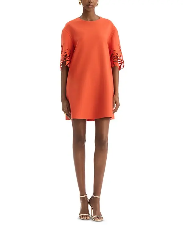 Oscar De La Renta Short Sleeve Palm Tree Cutout Dress - Paprika