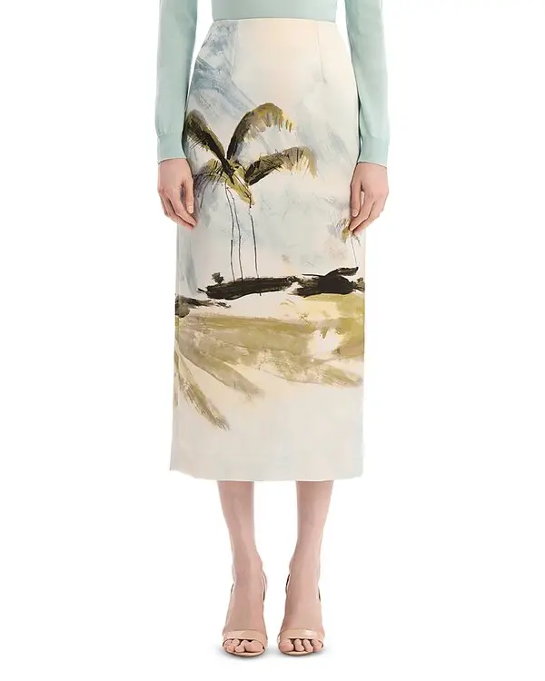 Oscar De La Renta Palm Tree Printed Satin Pencil Skirt - Blue Green Multi