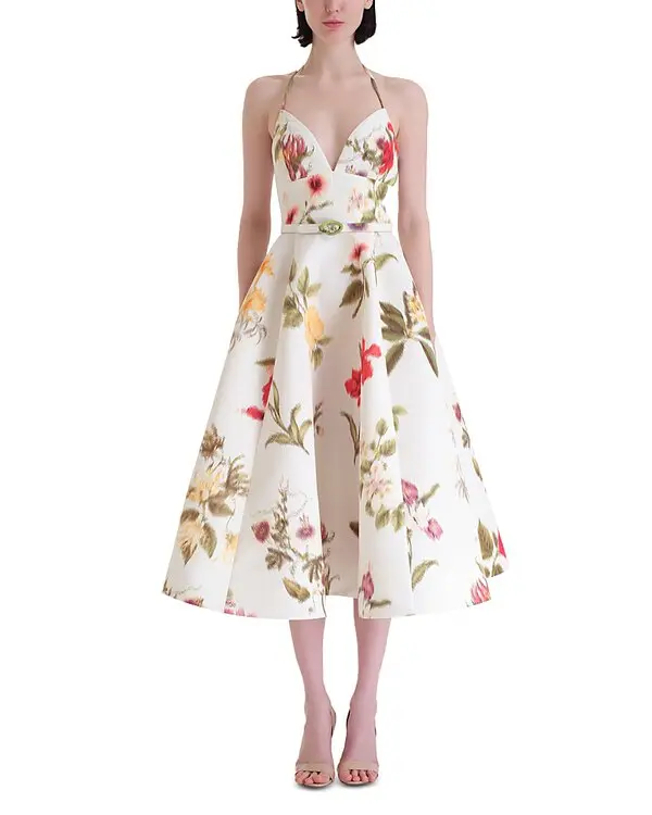 Oscar De La Renta Chine Multi Floral Faille Cocktail Dress - Ivory Multi
